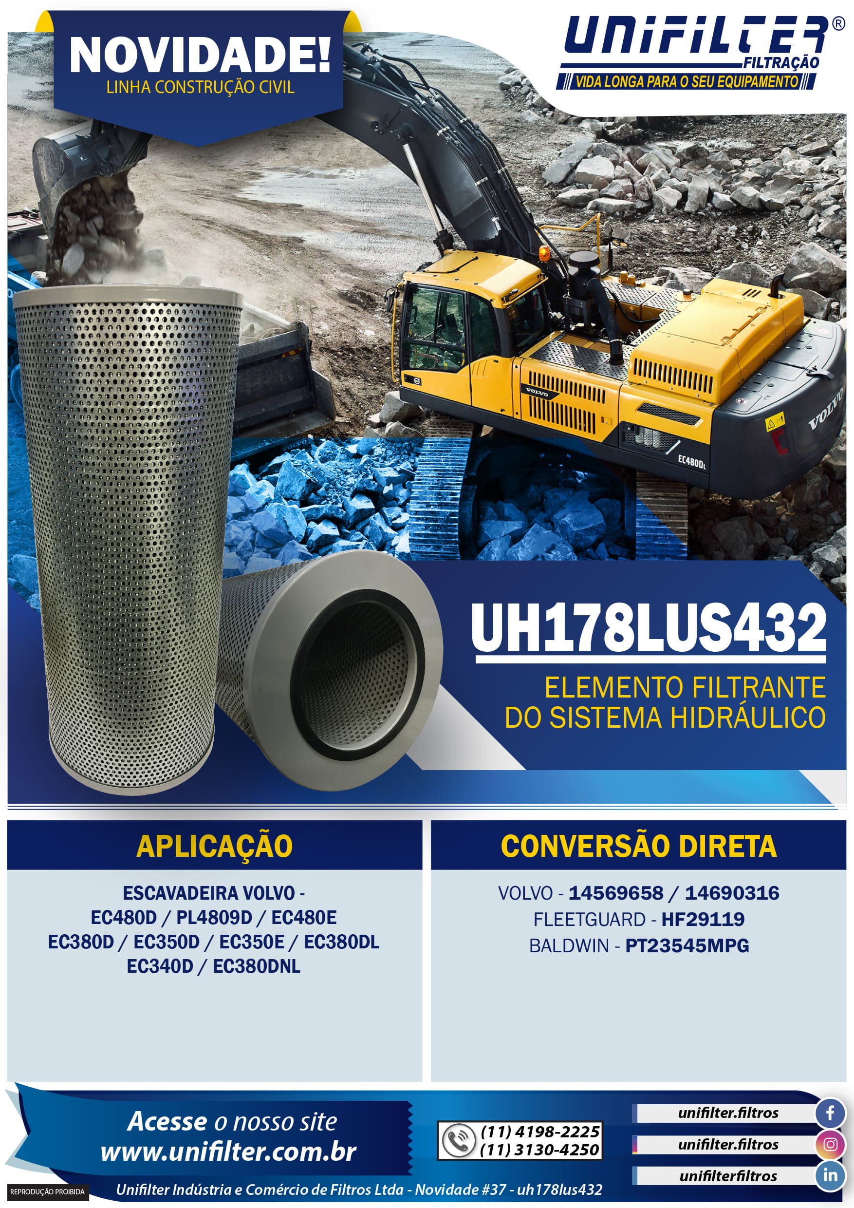 UH178LUS432 - Elemento Filtrante do Sistema Hidráulico - Unifilter